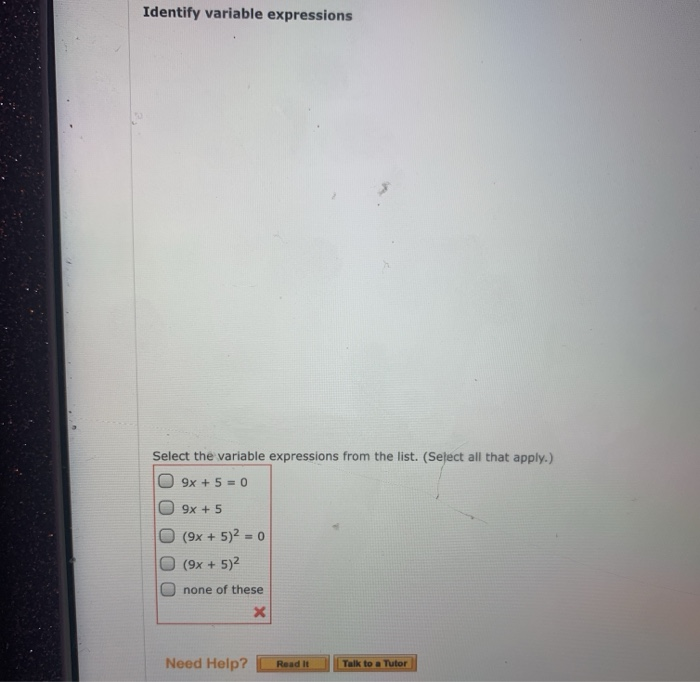 Solved Identify variable expressions Select the variable | Chegg.com