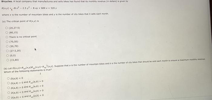 Solved R(x,y)=−8x2−2.5y2−8xy+600x+320y where x is the number | Chegg.com