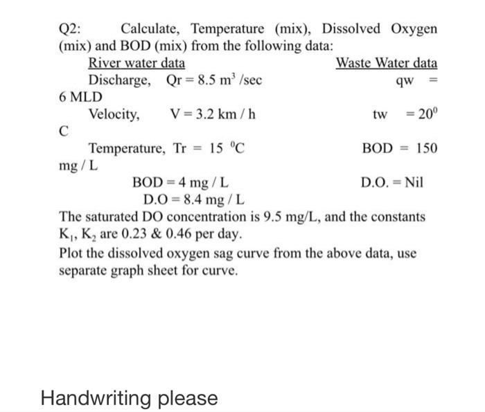 Solved Q2: Calculate, Temperature (mix), Dissolved Oxygen | Chegg.com