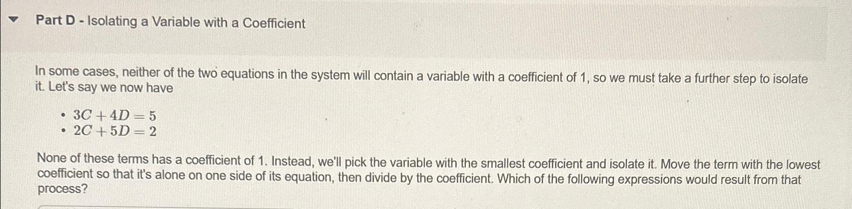Solved Part D - ﻿Isolating a Variable with a CoefficientIn | Chegg.com