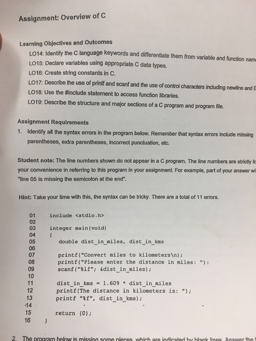 Solved Assignment Overview Of C Learning Objectives And