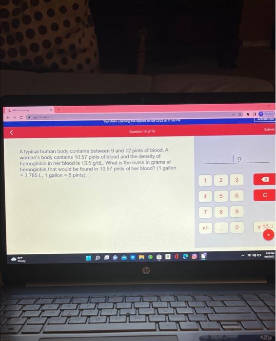 Solved A typical human body contains between 9 and 12 pints | Chegg.com