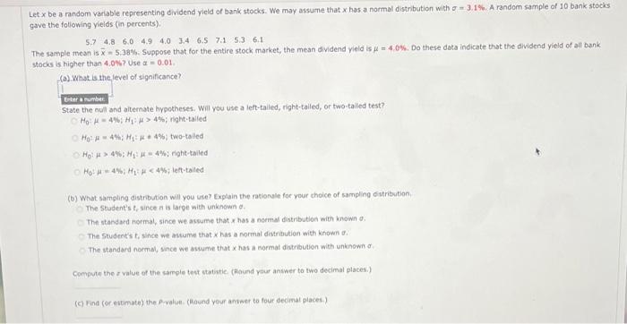 Solved x be a random variable representing dividend yield of | Chegg.com