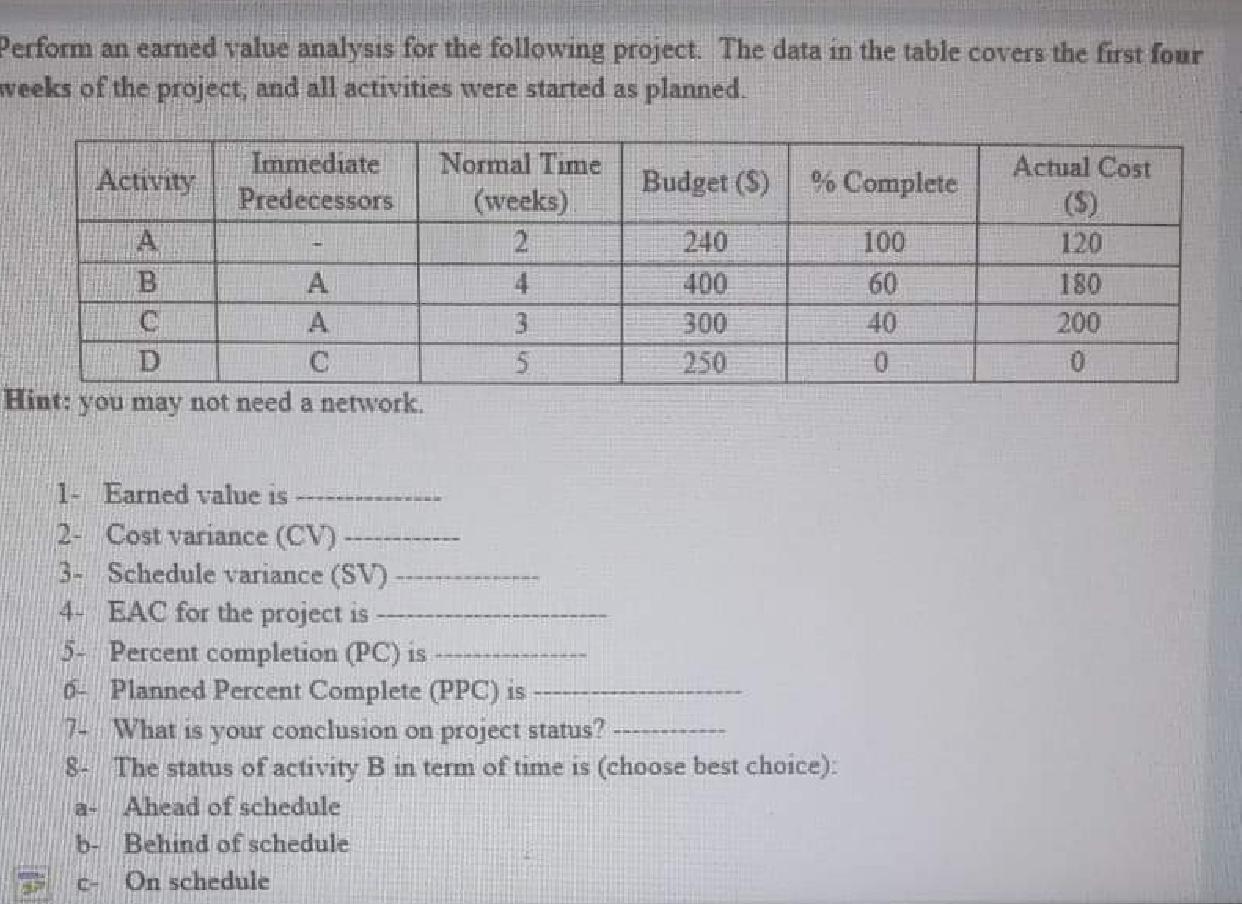 Solved Perform an eamed value analysis for the following | Chegg.com