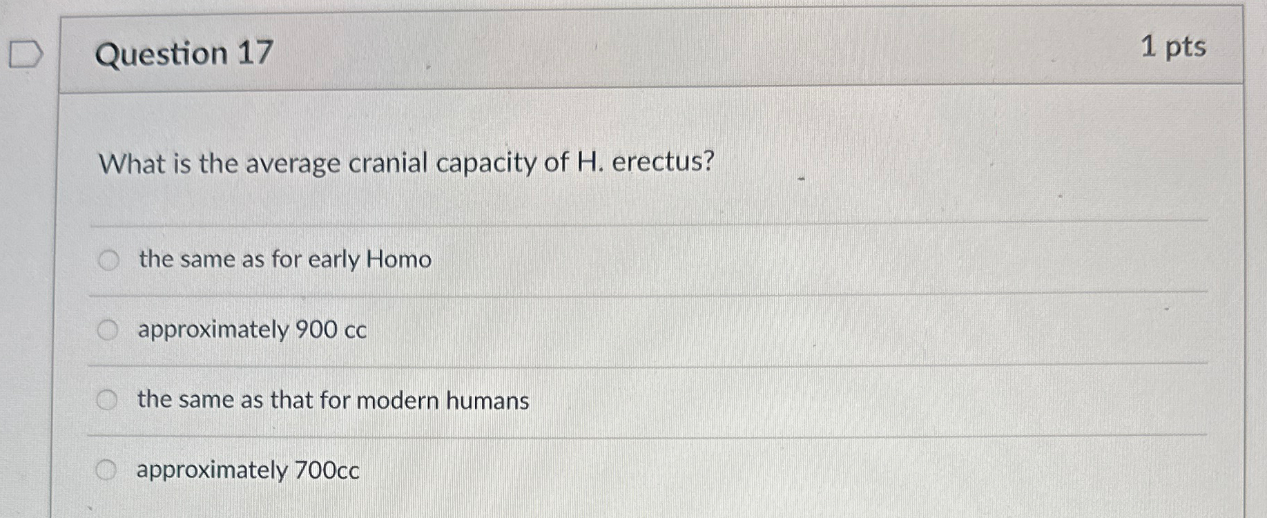 Solved Question 171 ﻿ptsWhat is the average cranial capacity | Chegg.com