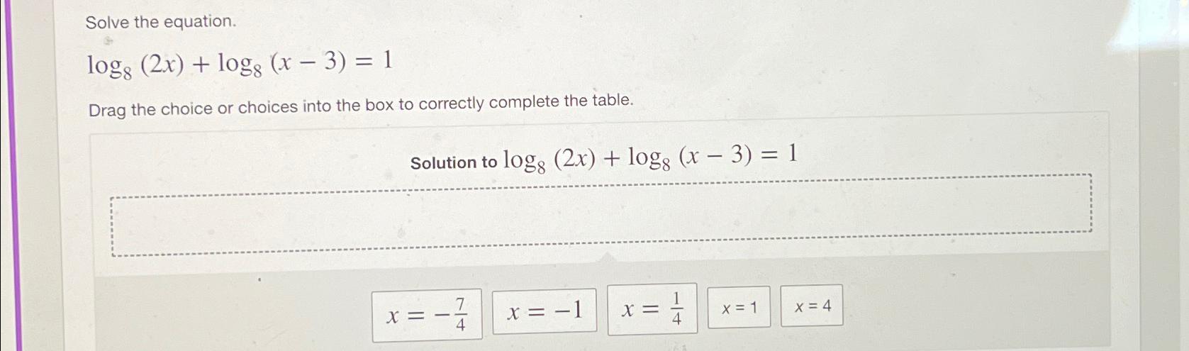 Solved Solve the equation.log8(2x)+log8(x-3)=1Drag the | Chegg.com