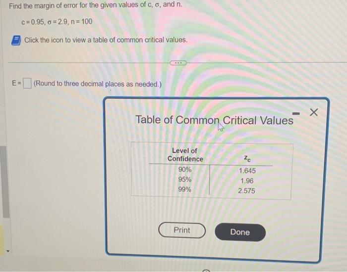 Solved c=0.95,σ=2.9,n=100 Click the icon to view a table of | Chegg.com
