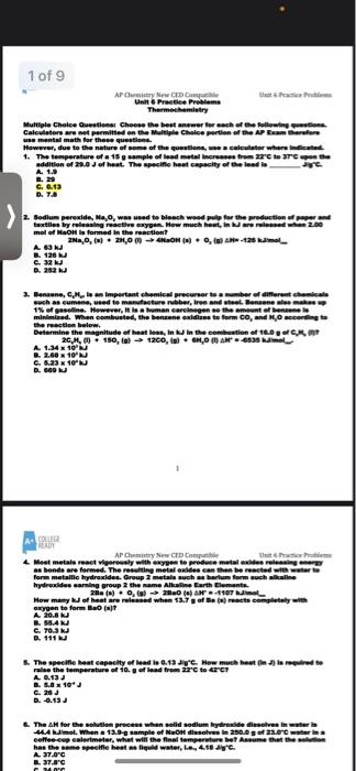 1 of 9 AP Chemistry w CED Camarine Unit Practice | Chegg.com
