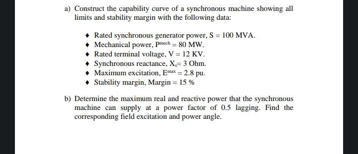 Solved a) Construct the capability curve of a synchronous | Chegg.com