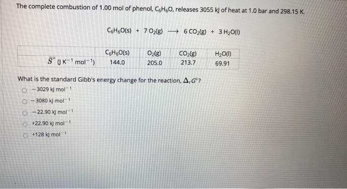 Solved The complete combustion of 1.00 mol of phenol, C6H60, | Chegg.com
