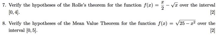 Solved 7. Verify the hypotheses of the Rolle's theorem for | Chegg.com