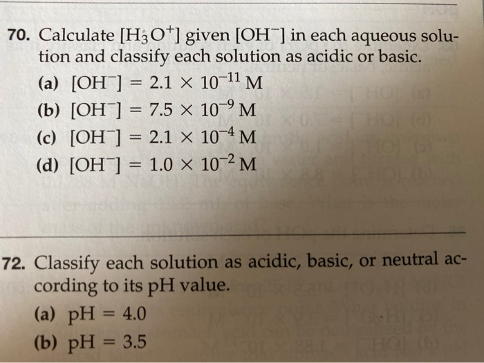 Solved 70. Calculate [H3O+1 given [OH-] in each aqueous | Chegg.com