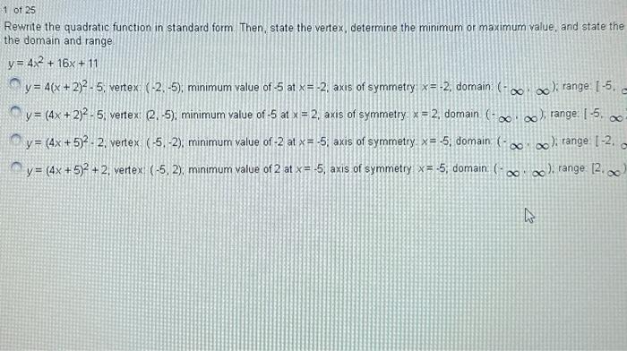 Solved Rewrite the quadratic function in standard form. | Chegg.com