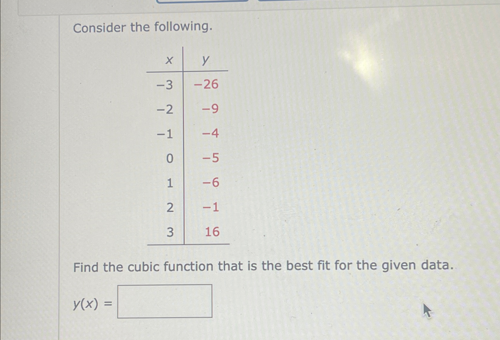 Solved Consider the following.\table[[x,y | Chegg.com