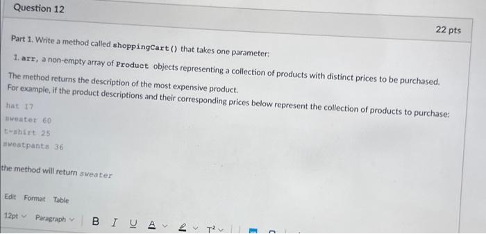 Solved 22 pts Part 1. Write a method called shoppingCart () | Chegg.com