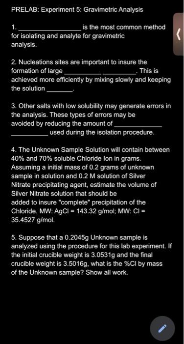 Solved PRELAB: Experiment 5: Gravimetric Analysis 1. _is the | Chegg.com