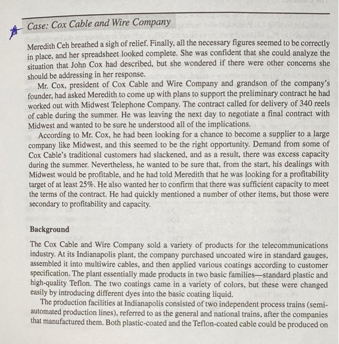 Solved Case: Cox Cable and Wire Company Meredith Ceh | Chegg.com