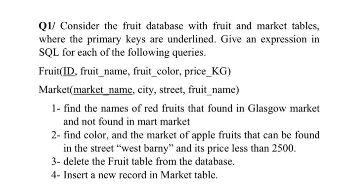 Solved Q1/ Consider the fruit database with fruit and market | Chegg.com