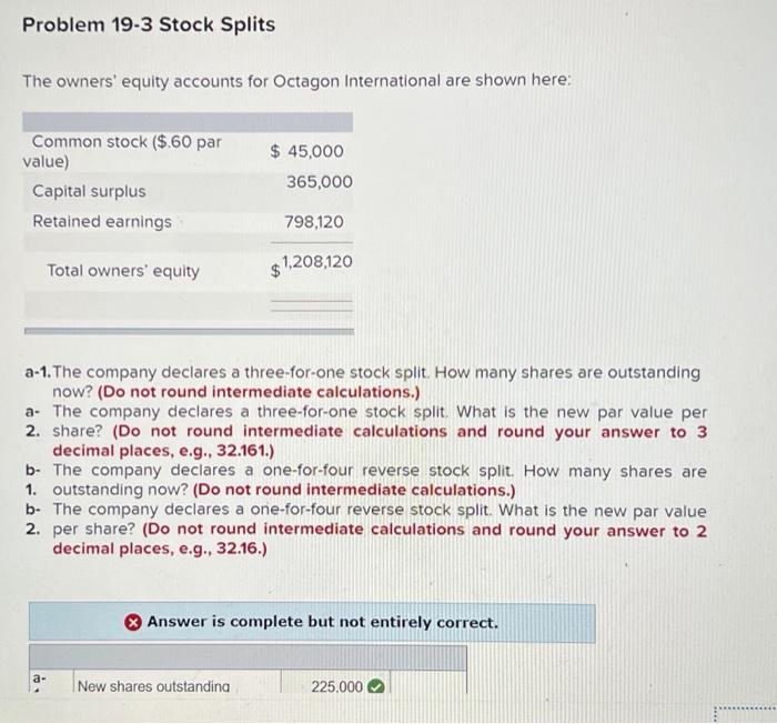 Solved Problem 19-3 Stock Splits The owners' equity accounts | Chegg.com