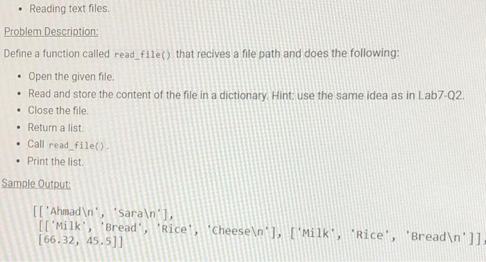 Solved . Reading text files. . Problem Description: Define a | Chegg.com