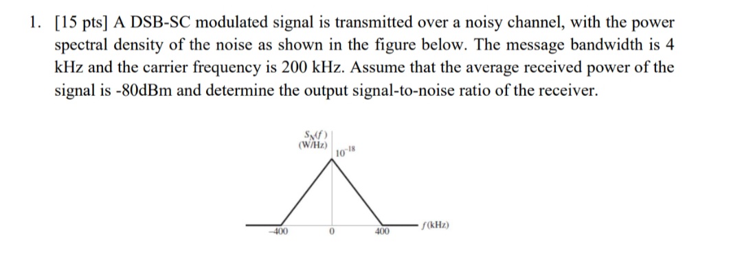 Solved 1. [15 ﻿pts] ﻿A DSB-SC modulated signal is | Chegg.com