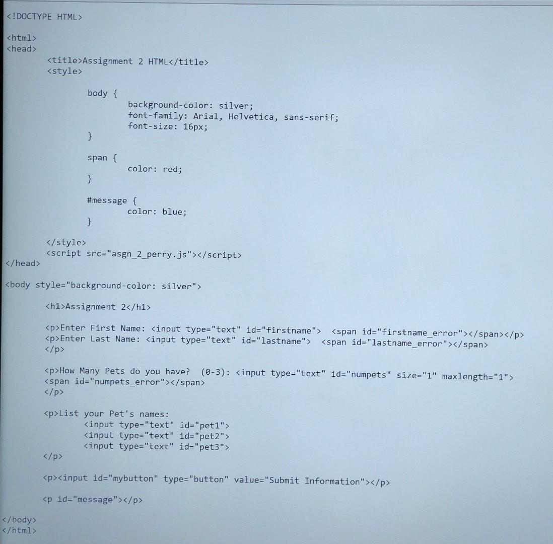 Solved JavaScript requirements and HTML how many pets | Chegg.com