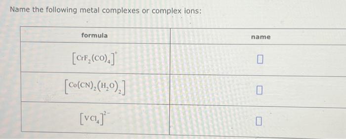 Solved Name the following metal complexes or complex ions: | Chegg.com