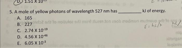 Solved kJ of energy. 5. A mole of yellow photons of | Chegg.com