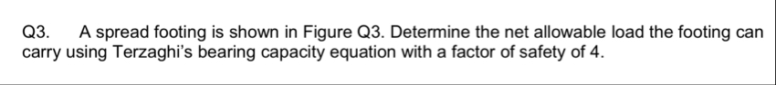 [Solved]: Q3. A spread footing is shown in Figure Q3. Determ