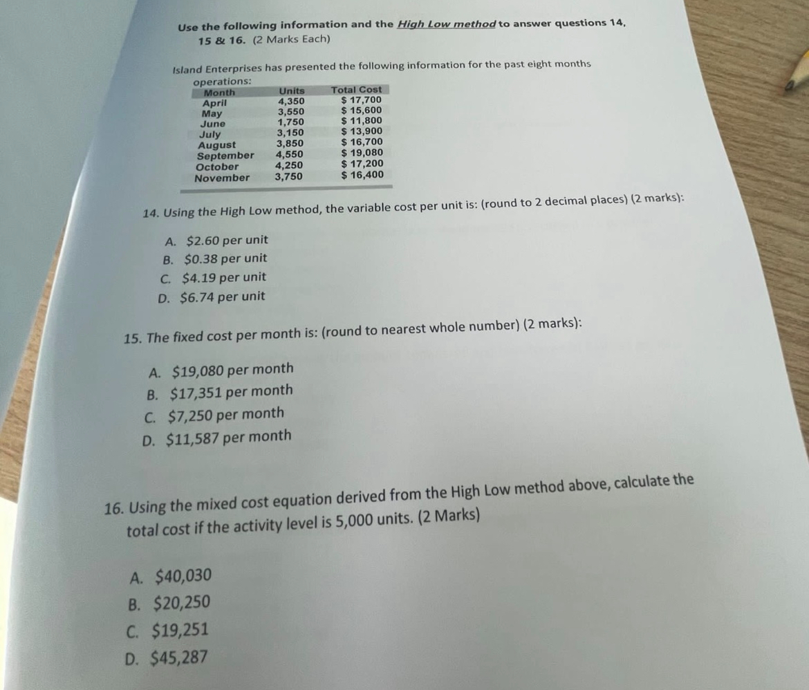 Solved Use the following information and the High Low method | Chegg.com