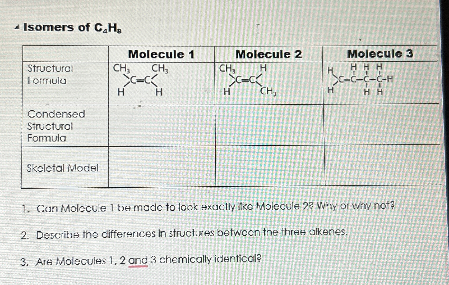 Solved Isomers of C4H8\table[[,Molecule 1,Molecule | Chegg.com