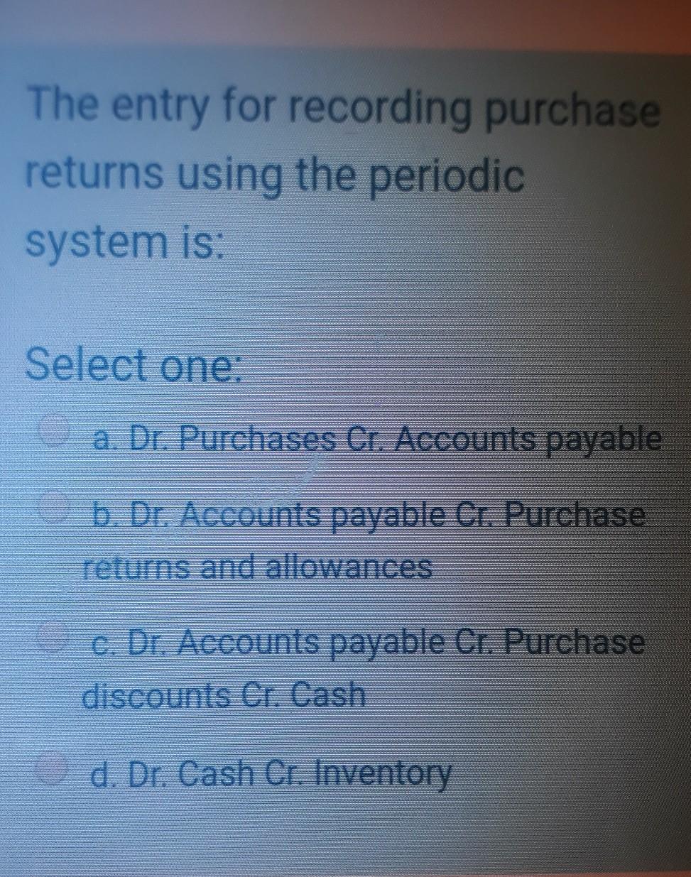 Solved The entry for recording purchase returns using the | Chegg.com