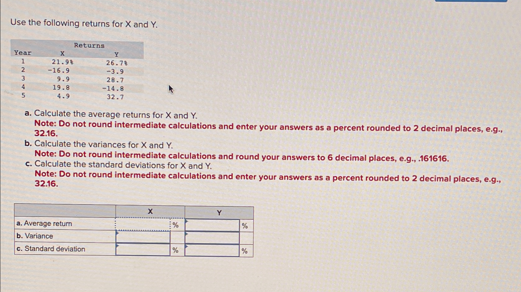 Solved Use the following returns for x ﻿and | Chegg.com