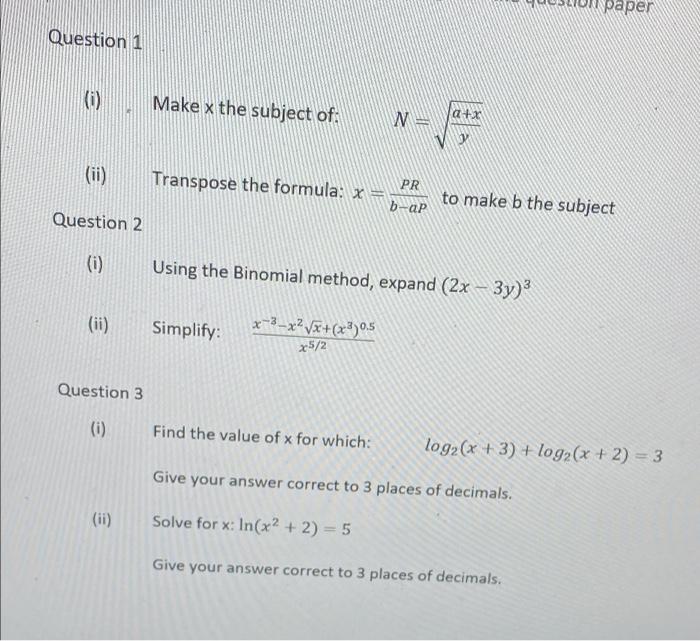 Solved paper Question 1 (0) Make x the subject of: W = a + | Chegg.com