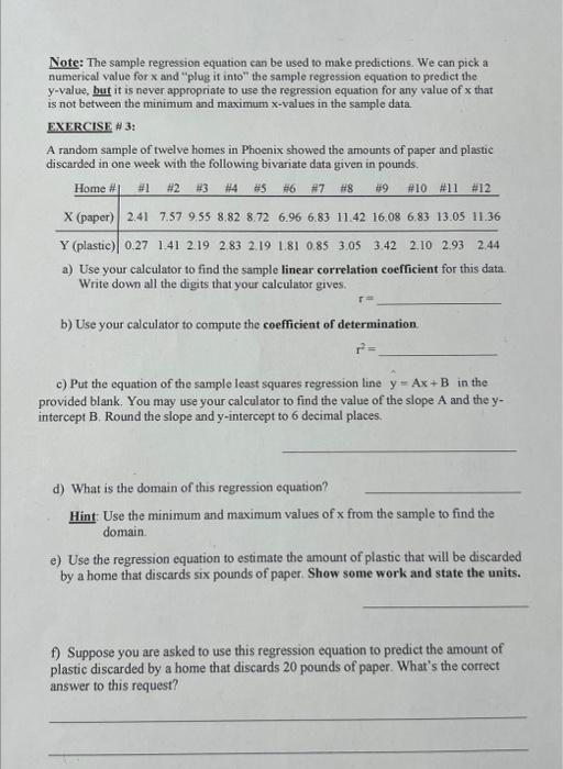 Solved Note: The sample regression equation can be used to | Chegg.com