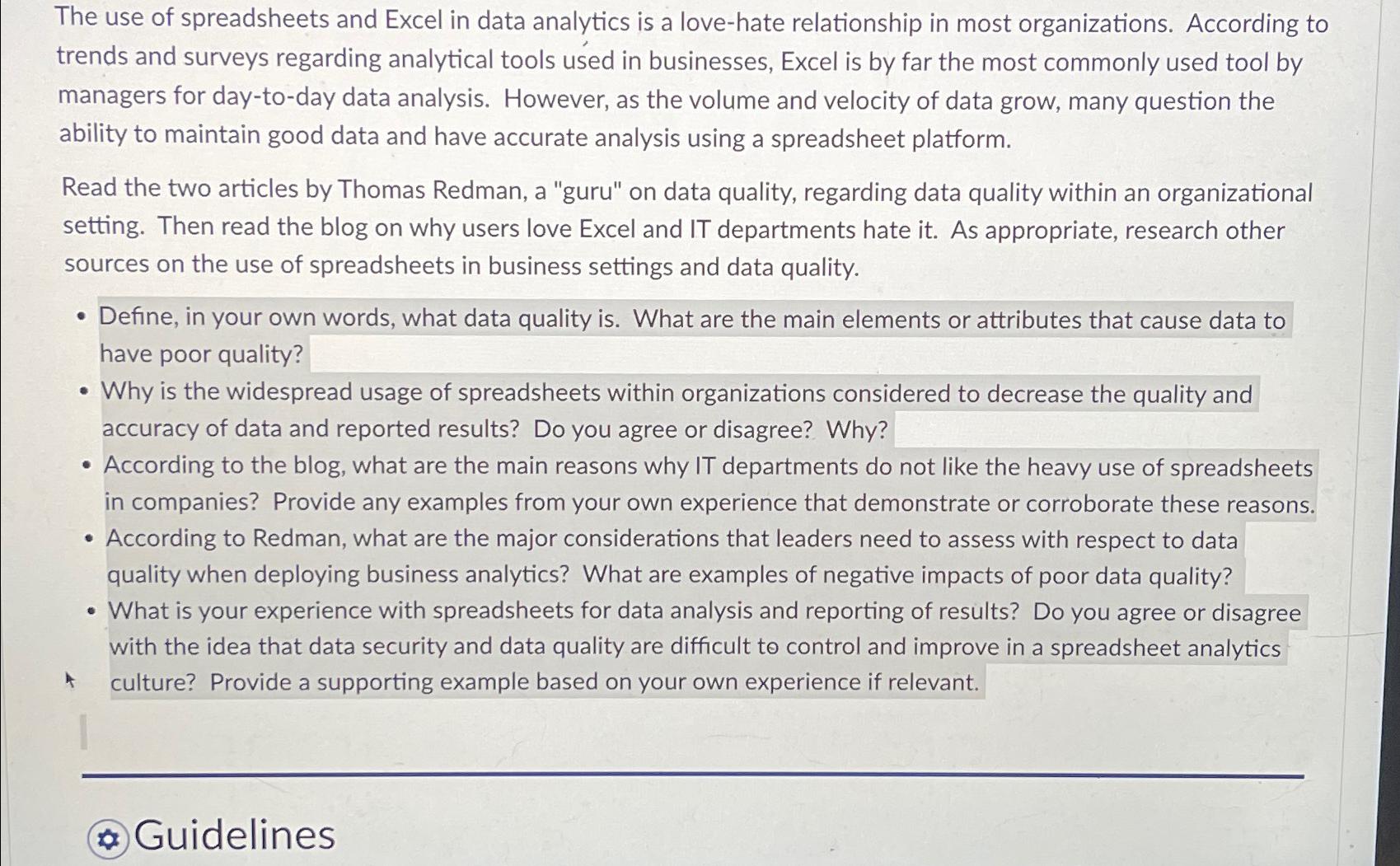 Solved The use of spreadsheets and Excel in data analytics | Chegg.com