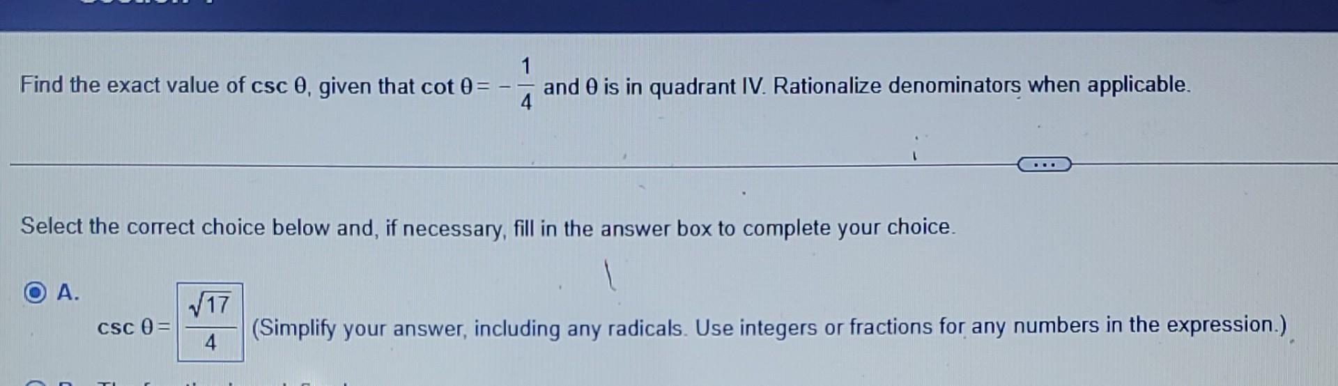 Solved 1 Find the exact value of csc , given that cot 0 = | Chegg.com