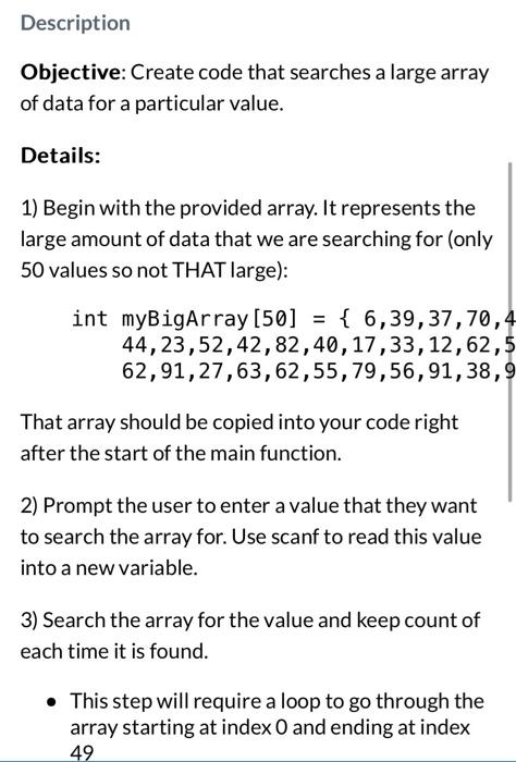 Solved Description Objective: Create code that searches a | Chegg.com