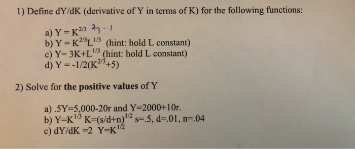Solved 1) Define dY/JK (derivative of Y in terms of K) for | Chegg.com