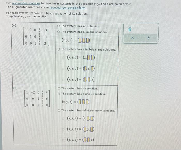 Solved Two augmented matrices for two linear systems in the | Chegg.com