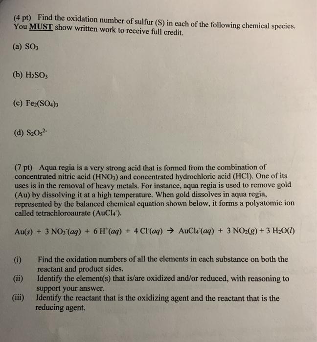 Solved (4 pt) Find the oxidation number of sulfur (S) in | Chegg.com