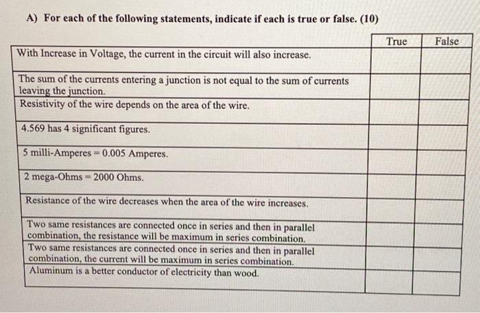 Solved A) For each of the following statements, indicate if | Chegg.com