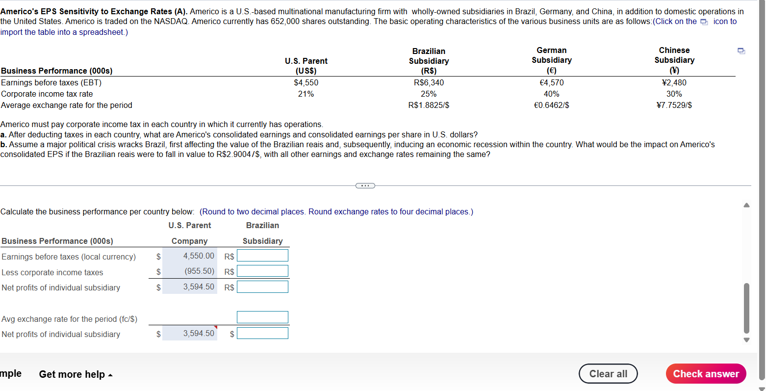 Solved Americo's EPS Sensitivity to Exchange Rates (A). | Chegg.com