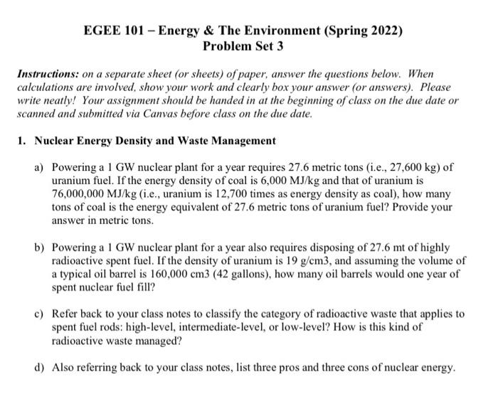 Solved EGEE 101 - Energy & The Environment (Spring 2022) | Chegg.com
