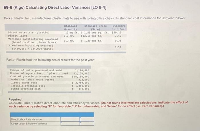 Solved E9-9 (Algo) Calculating Direct Labor Variances [LO | Chegg.com