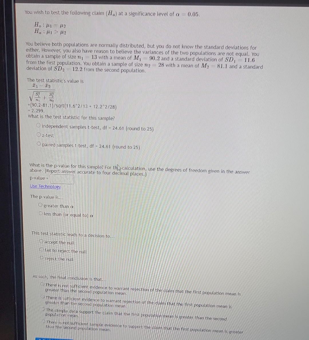 Solved You wish th tast the fonlowing claim (Ha) at a | Chegg.com