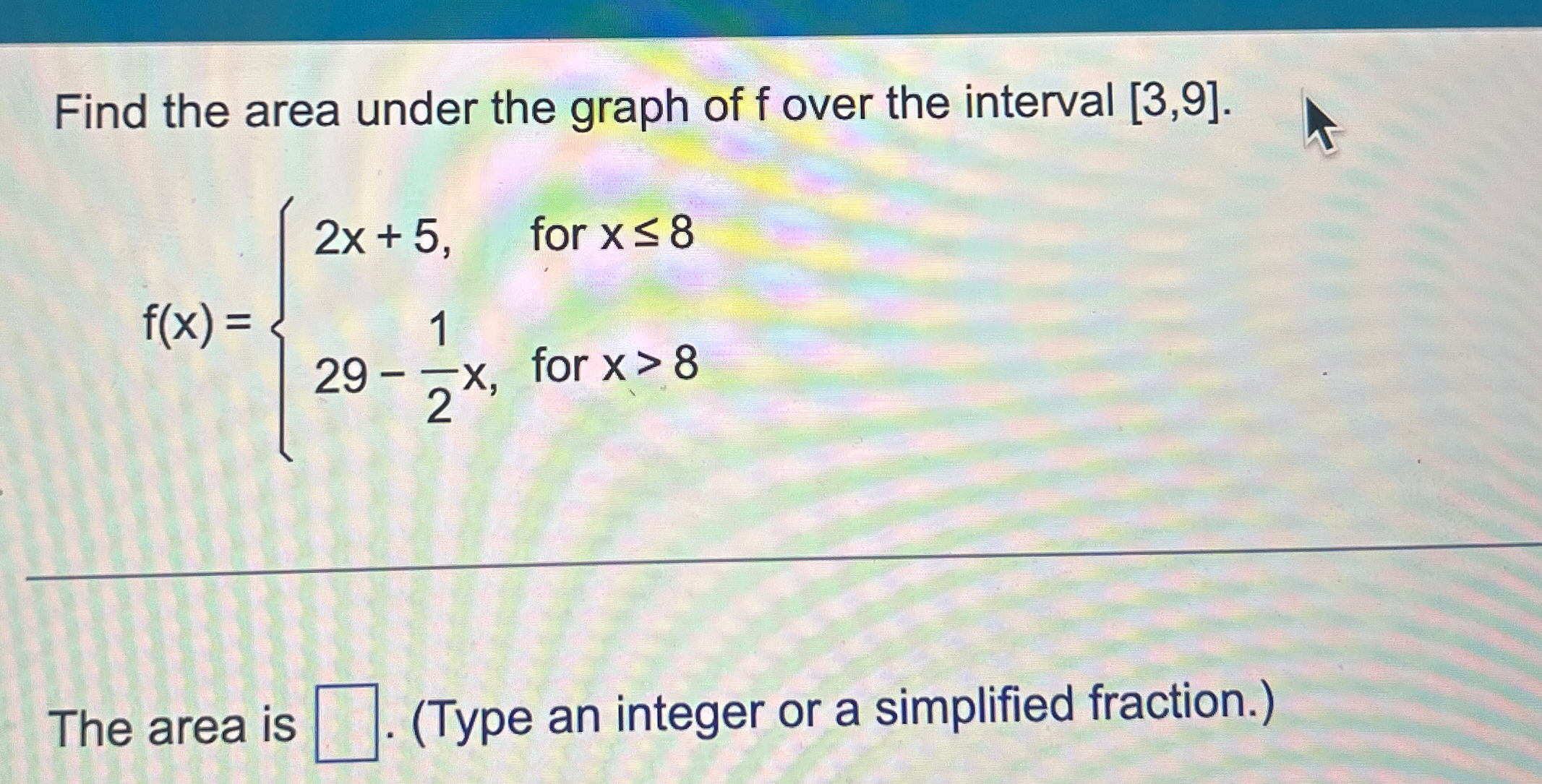 Solved Find the area under the graph of f ﻿over the interval | Chegg.com