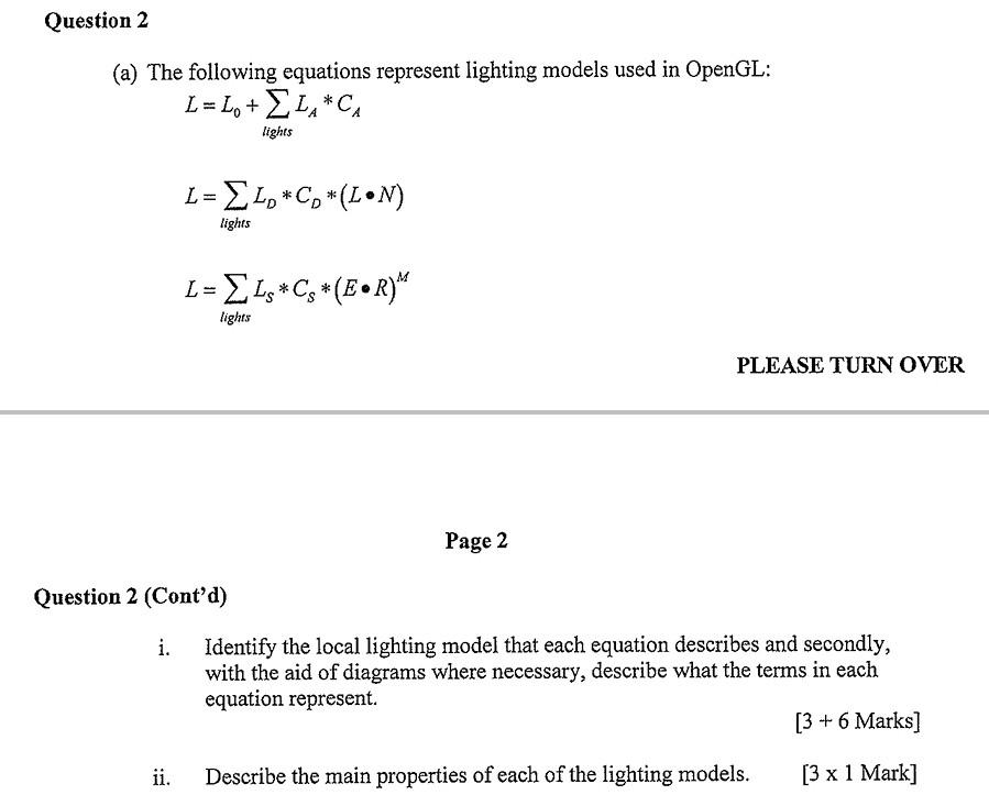 Solved (a) The following equations represent lighting models | Chegg.com