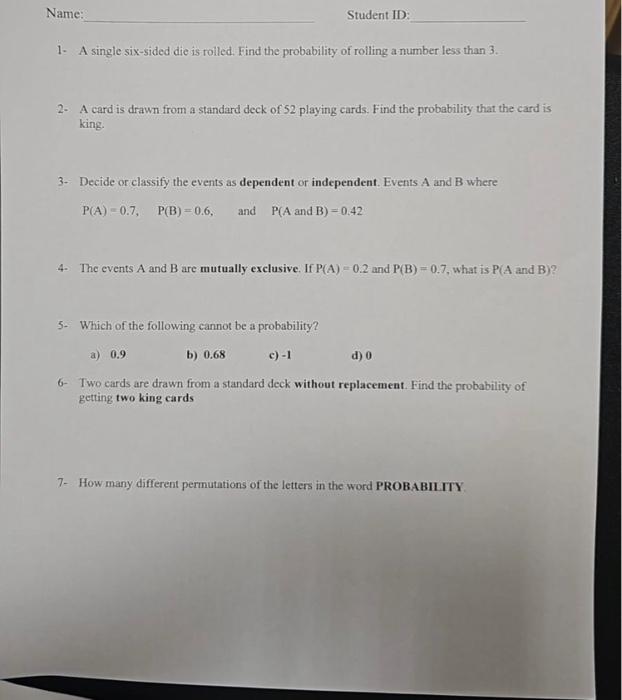 Solved 1. A single six-sided die is rolled. Find the | Chegg.com