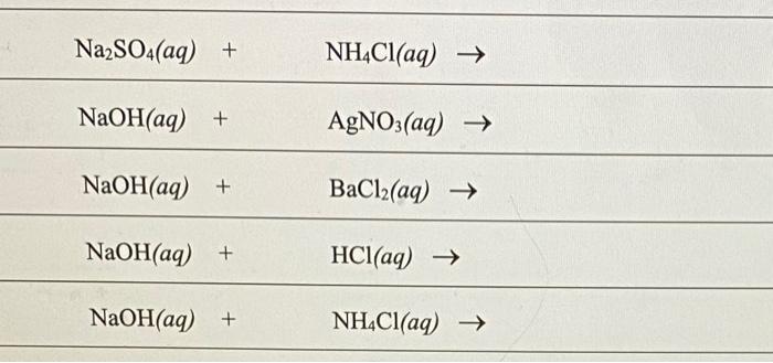 Solved Na2SO4(aq) + NH4Cl(aq) → NaOH(aq) + AgNO3(aq) → | Chegg.com